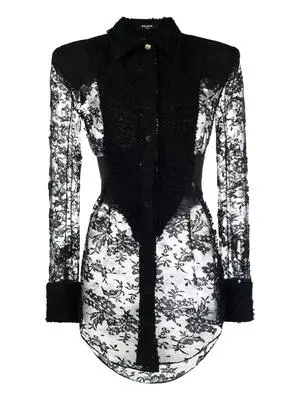 Balmain Cotton-silk Blend Lace And Tweed Shirt - Black