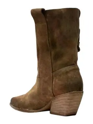 CHUCKIES Buckled Suede Block Heel Boots - Brown