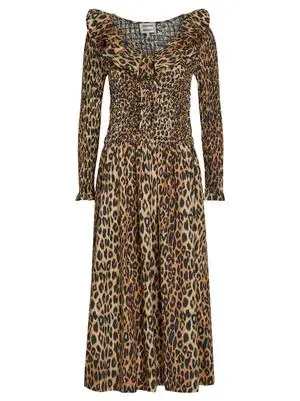 DAMSON MADDER Harper Shirred Cotton-poplin Midi Dress - Leopard