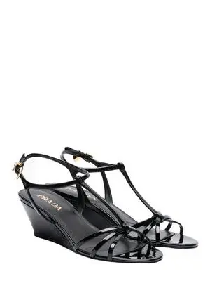 Prada Prada Patent Leather Wedge Sandals With Buckle-Fastening Ankle Strap Black