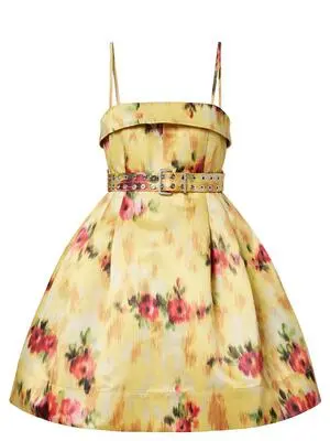 GANNI Pleated Printed Satin Minidress - Yellow