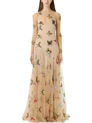 Blumarine Blumarine Butterfly Embroidered Maxi Dress Neutrals