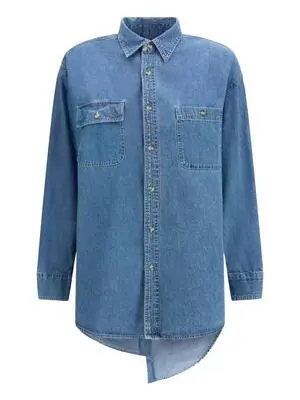 E.L.V. DENIM Panelled Asymmetric Denim Shirt - Blue