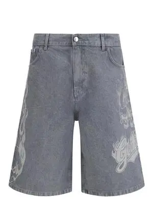 Gcds Skull And Flame Print Denim Shorts - Grey