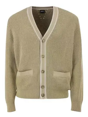 BOSS Ribbed Knit V-neck Cardigan With Contrast Trim - Neutrals