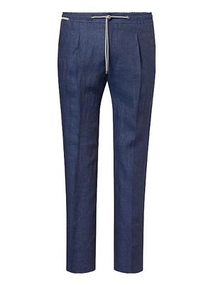Corneliani Pleated Drawstring Linen Trousers - Blue 005