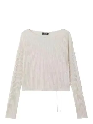 TOUT A COUP Ribbed Boat Neck Long Sleeve Sweater With Drawstring Hem - Neutrals