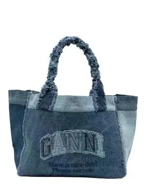 GANNI Patchwork Frayed Denim Tote Bag - Blue