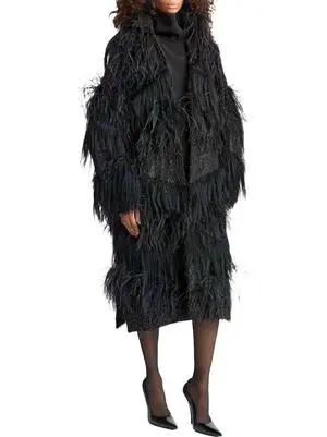 16Arlington Azra Coat With Feather Trim - Black