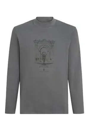 Brunello Cucinelli Cotton Interlock Long-sleeve T-shirt With Mock-neck And Print - Grey