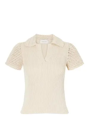 Magda Butrym Ribbed Cotton Crochet Trimmed Polo Shirt - Neutrals
