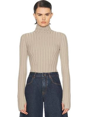 Alaïa Ribbed Knit Corset Bodysuit - Sable