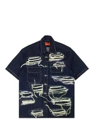 WHO DECIDES WAR Distressed Short-sleeve Denim Shirt - Blue