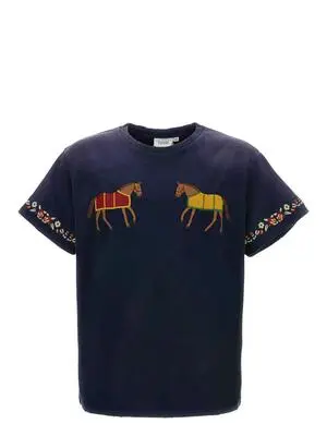 FOUND Horse-embroidered Floral-detail T-shirt - Blue