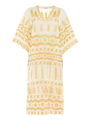 ERES Embroidered Linen V-neck Midi Dress - Neutrals