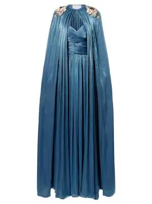 COSTARELLOS Embellished Pleated Caped Bustier Gown