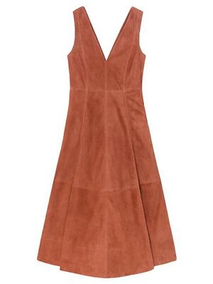 REISS V-neck Suede Midi Dress - Rust