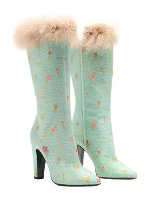 Valentino Garavani Hotty Boots In Chiné Fabric With Floral And Polka-dot Pattern And Feathers 100mm - Blue