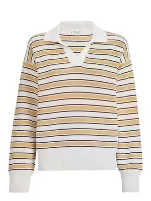 Brunello Cucinelli Cotton Knit Polo With Sparkling Stripes - Neutrals