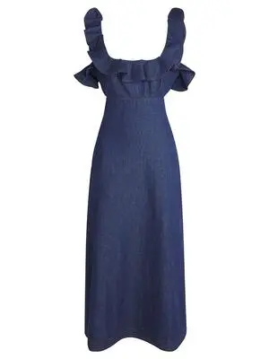 Zimmermann Aster Denim Frilled Midi Dress - Navy