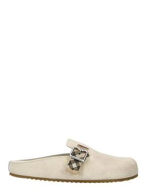 Burberry Suede Clogs With Tartan Strap - Bone