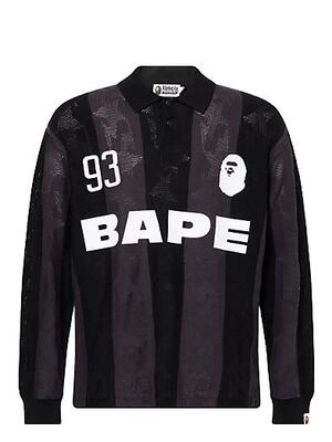 A BATHING APE Logo-embossed Striped Cotton-knit Polo Top - Black
