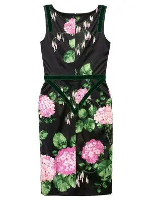 Dolce & Gabbana Floral Printed Velvet Trim Dress - Black