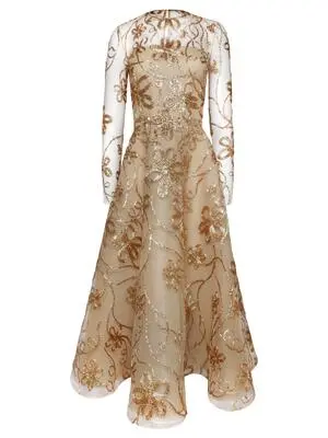 Naeem Khan Tulle-blend Illusion Raffia Overlay Midi Dress - Multi