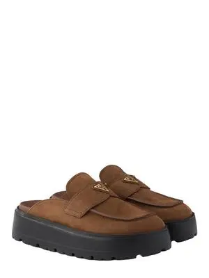 Prada Nubuck Flatform Mules With Enameled Triangle Logo - Cocoa Brown