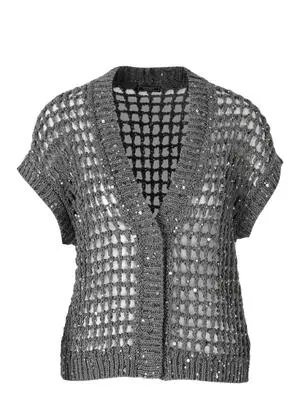 Peserico Sequin-embellished Open-knit Cotton Cardigan - Grey
