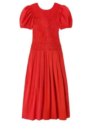 GANNI Smocked Puff-sleeve Organic Cotton Dress - Red