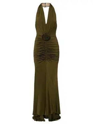 Blumarine Floral Appliqué Ruched Maxi Dress - Green
