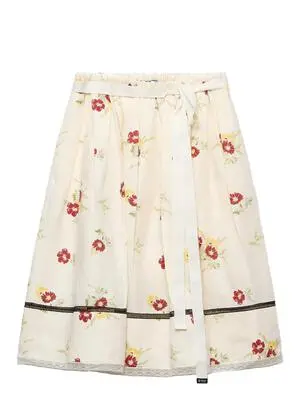 Prada Floral Print Linen Skirt With Tie Belt - Ruby Red