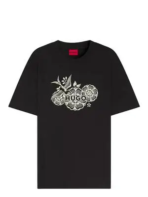 Hugo Flora-print Logo-detail T-shirt - Black