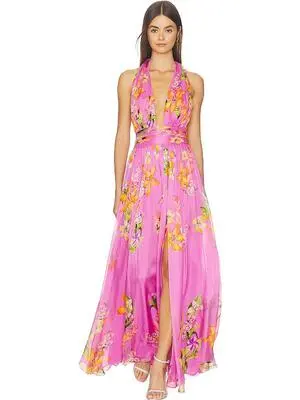 Rococo Sand Halterneck Maxi Dress With Plunging Neckline - Fuchsia