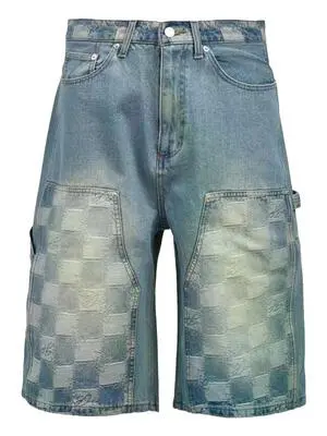 BREATH Check Pattern Distressed Denim Shorts - Blue