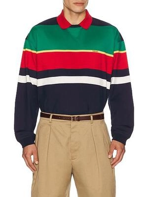 Versace Heavy Striped Cotton Jersey Long Sleeve Polo With Embroidered Logo - Multi