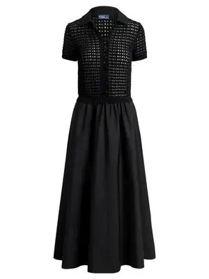 Polo Ralph Lauren Crochet Knit Collared Cotton A-line Dress - Black