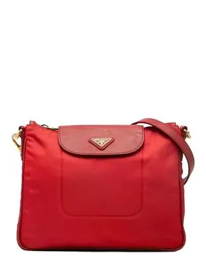 Prada Saffiano Trimmed Tessuto Crossbody Bag - Red