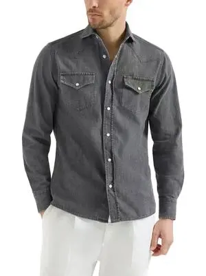 Brunello Cucinelli Lightweight Denim Easy-fit Western Shirt - Grey