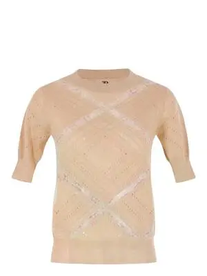 Ermanno Scervino Lace-panelled Pointelle-knit Top - Neutrals