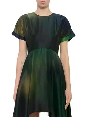 Kenzo Metallic Printed Flare Dress With Asymmetrical Hem - Green