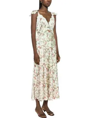 DÔEN Fiona Lace-trim Floral-print Midi Dress - Neutrals