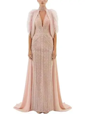 GATTINOLLI BY MARWAN Lace Feathered-trim Gown - Pink