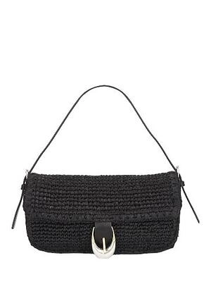 Staud Harlow Bag In Raffia With Leather Trim - Black