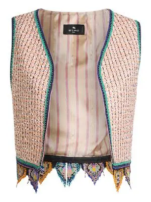 Etro Embroidered Tweed Vest With Beaded Fringed Hem - Multi