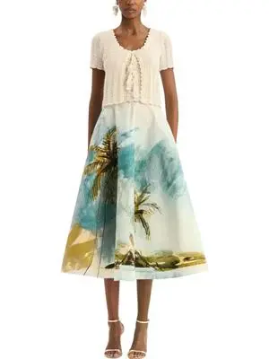 Oscar De La Renta Oscar De La Renta Pointelle Knit Short Sleeve Cardigan With Scallop Trim Neutrals