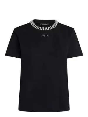 Karl Lagerfeld Pearl-embellished Organic Cotton T-shirt - Black
