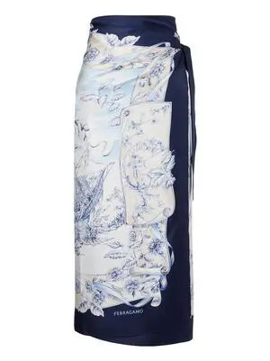 FERRAGAMO Printed Silk Wrap Skirt - Blue