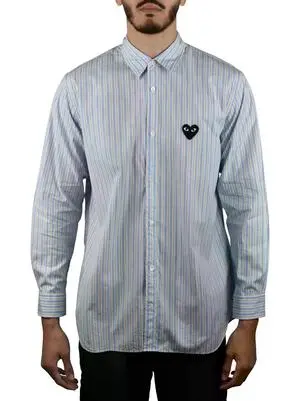 Comme Des Garçons Striped Embroidered-heart Shirt - Blue